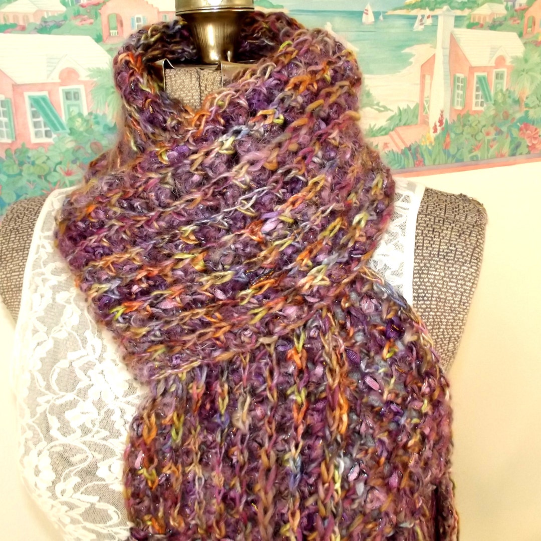 Crochet Scarf, Purple Scarf, Soft Scarf, Multicolor Scarf, Thick Scarf ...
