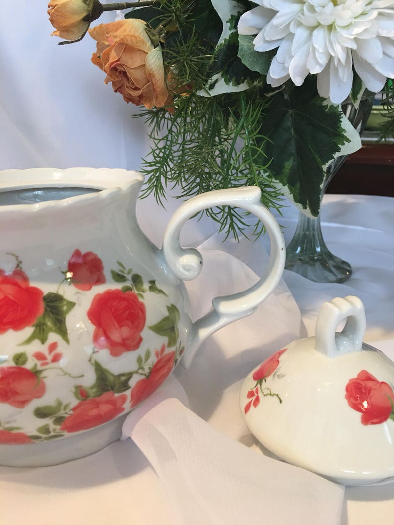 Red Roses on White Ceramic Teapot! - Etsy