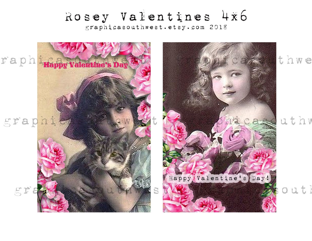 Rosey Valentine Postcards 4x6 Girls With Roses and Cat Instant Download ...