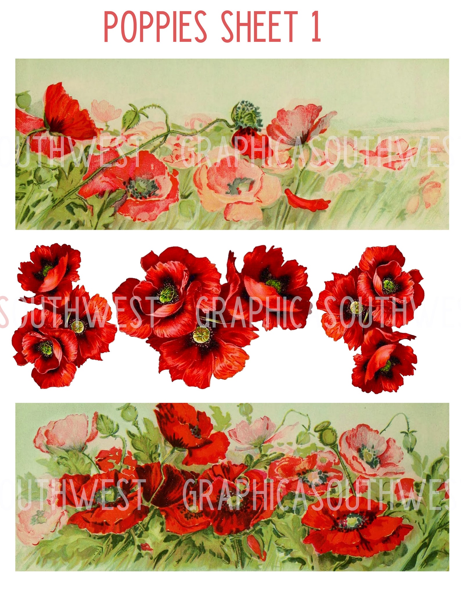 POPPIES 3 Sheets Printables Instant Download High Resolution Digital ...