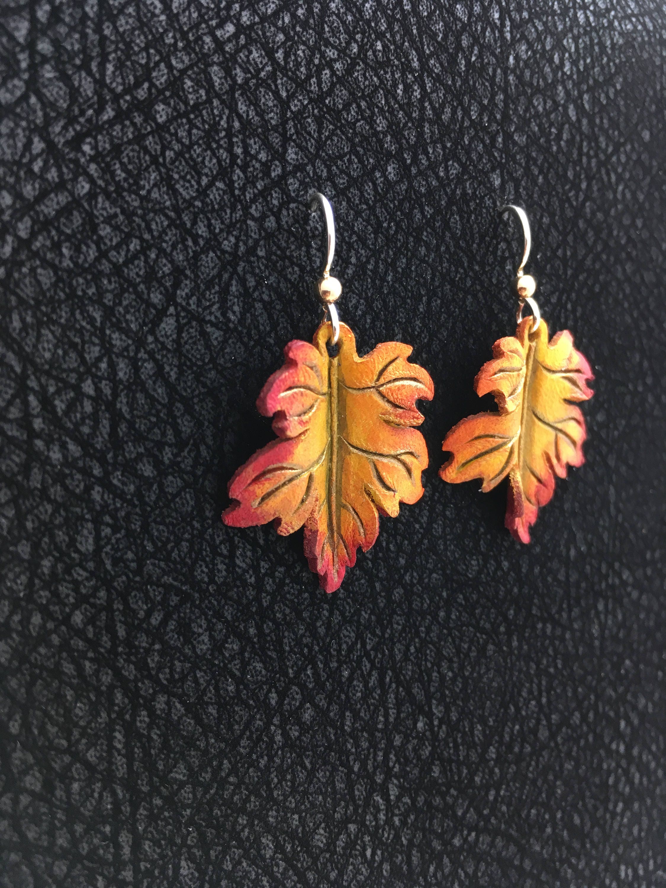 Maple Leaf Leather Earrings Sterling Silver Handmade Orange, Yellow ...