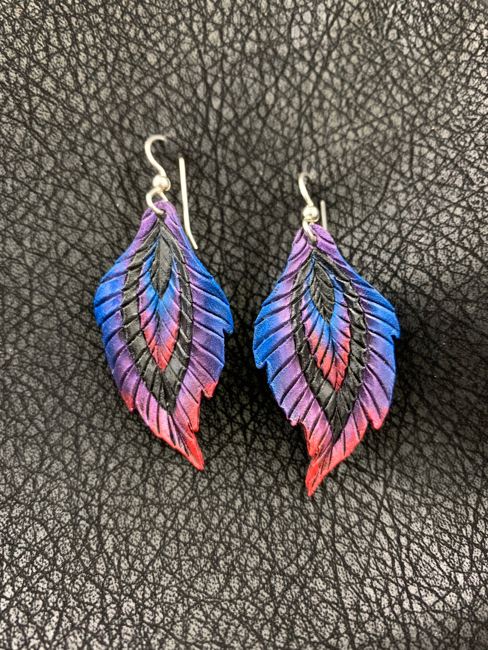 Phoenix Feather Leather Earrings - Sterling Silver Ear Wire, Iridescent ...