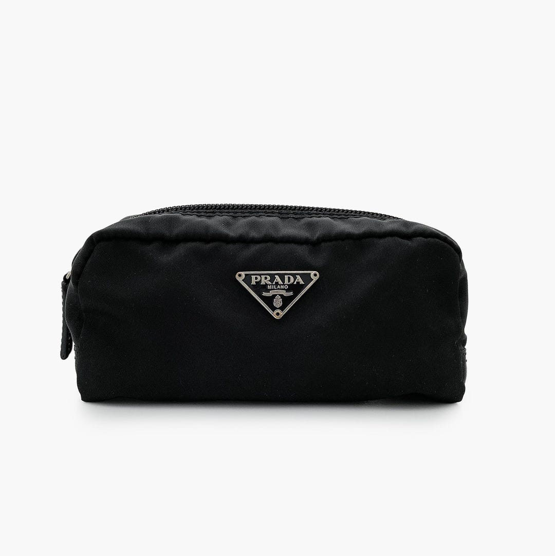 Authentic PRADA Triangle Logo Black Nylon Pouch, Cosmetic Bag, Makeup ...