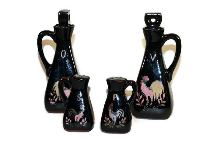 Black Ceramic Condiment Caddy With Salt, Pepper, Vinegar, and Oil Cruet ...