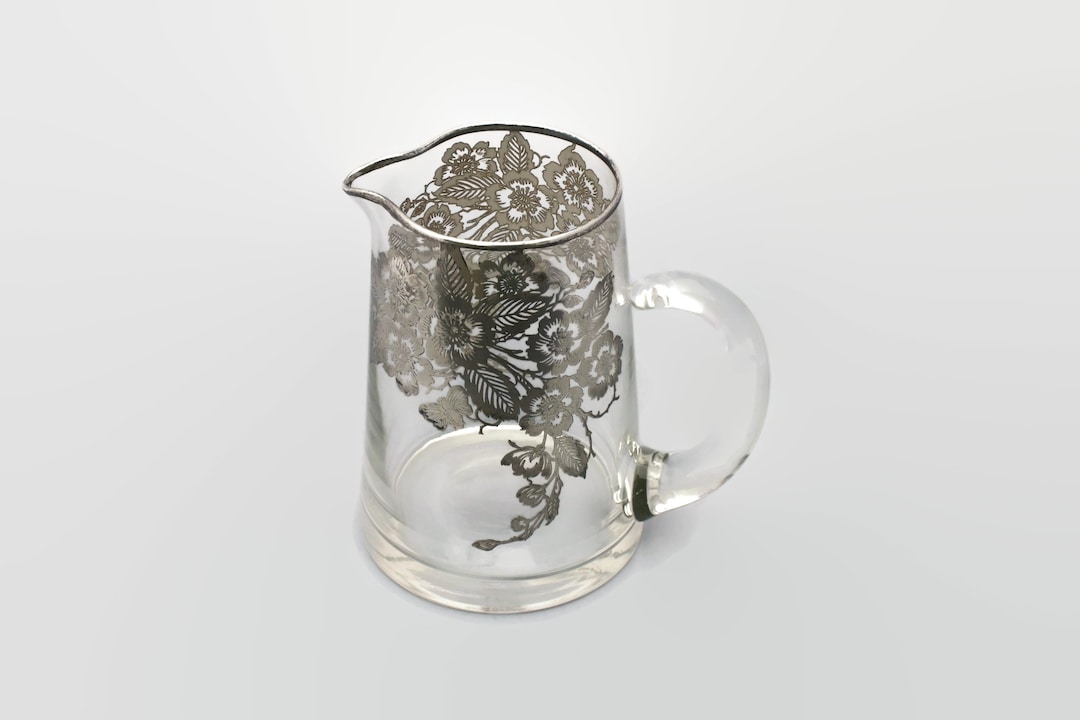 Small Glass Duncan and Miller Bar Pitcher With Sterling Silver Overlay ...