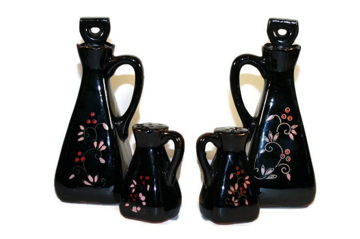 Black Ceramic Condiment Caddy With Salt, Pepper, Vinegar, and Oil Cruet ...