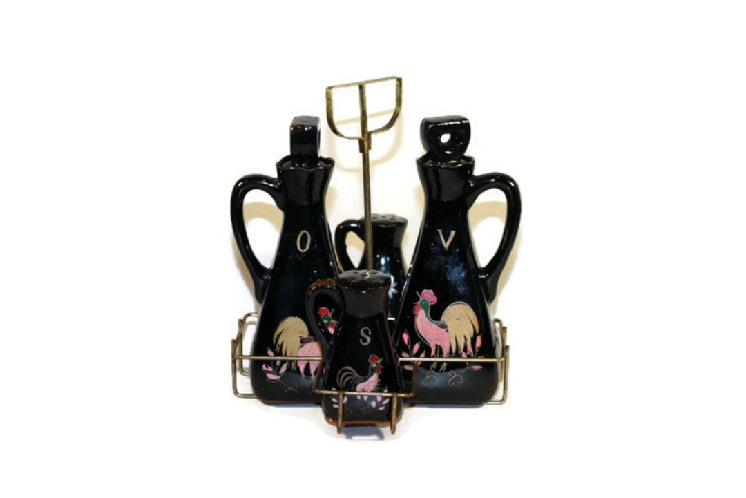 Black Ceramic Condiment Caddy With Salt, Pepper, Vinegar, and Oil Cruet ...