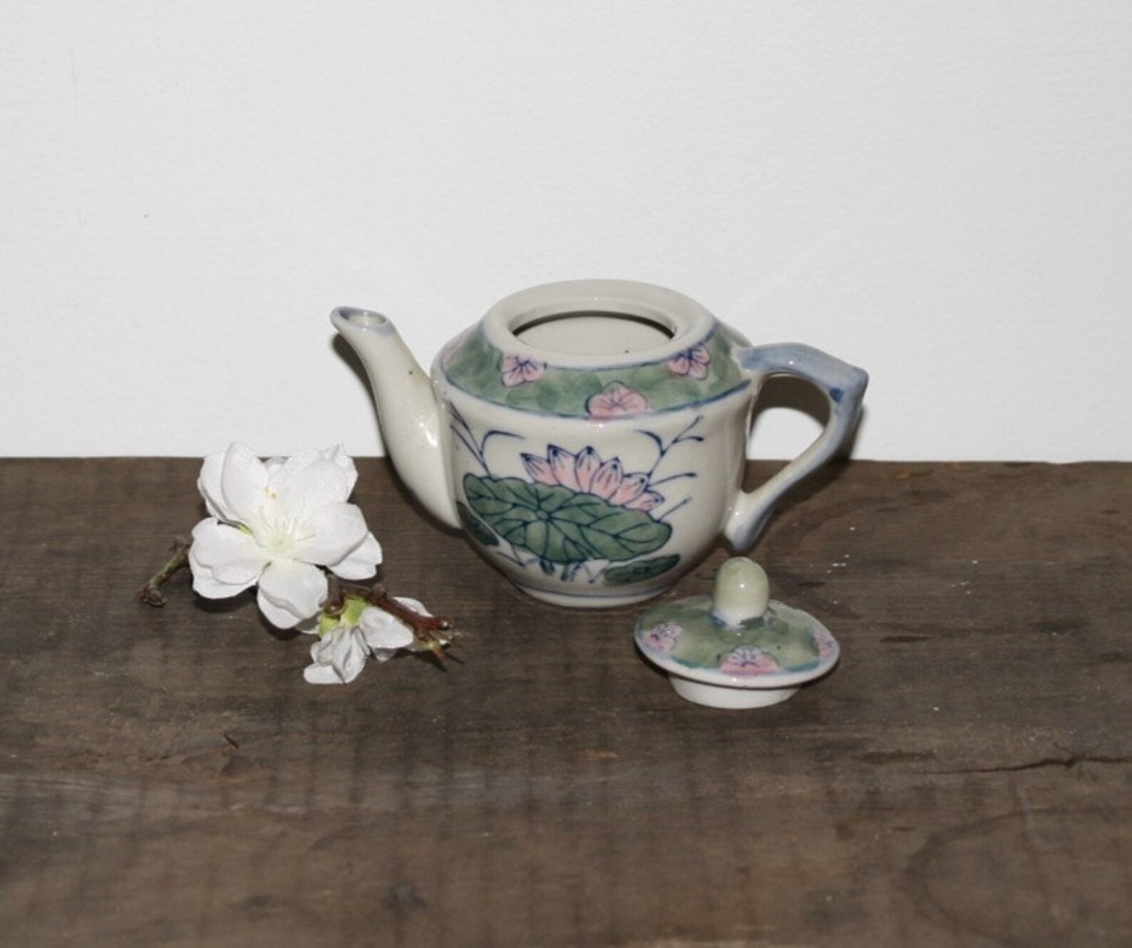 Seven Piece Child's Porcelain Lotus Flower Tea Set With Pot, Tray, and ...