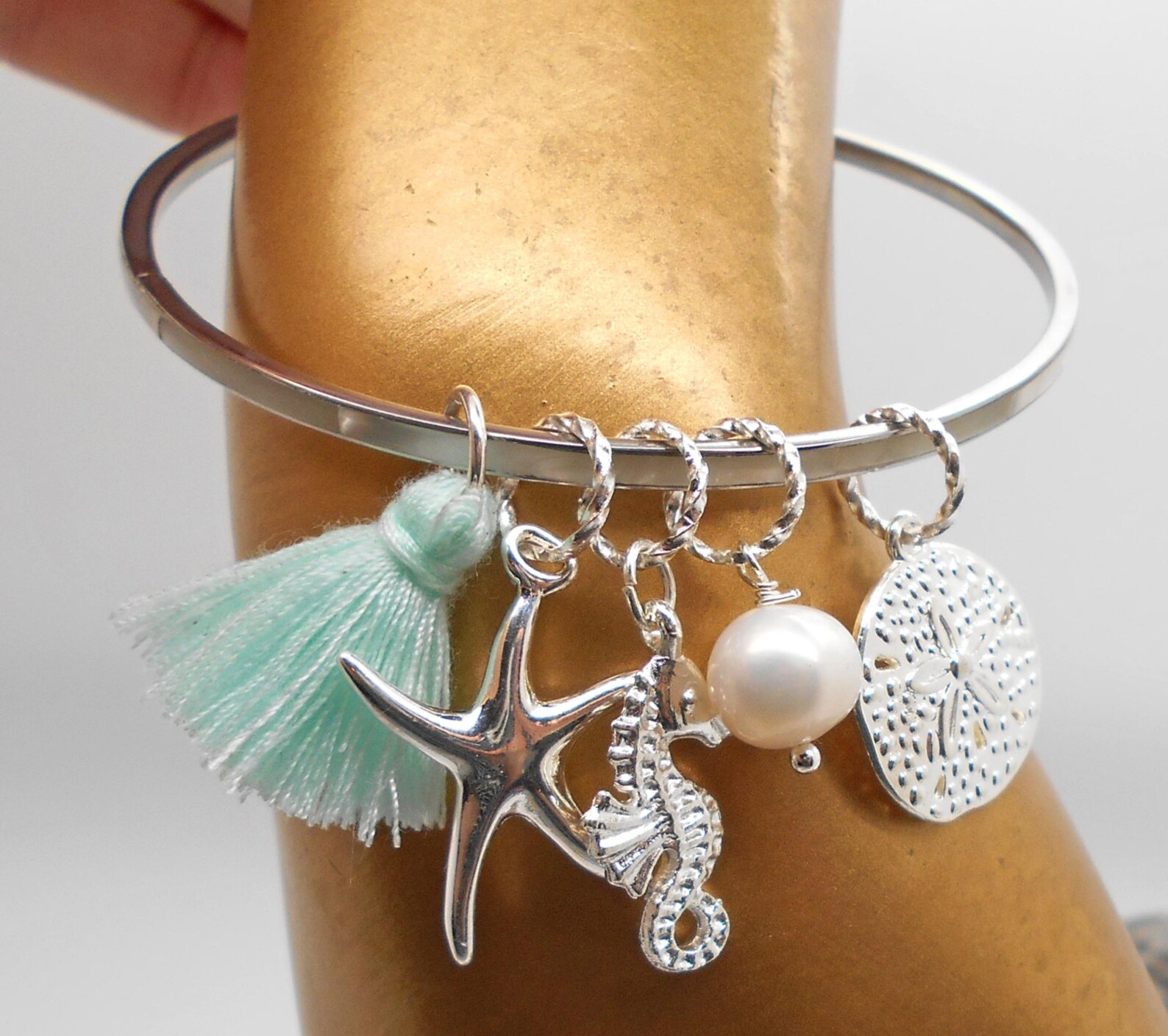 Silver Bangle Mother of Pearl Bangle With Sterling Beach - Etsy