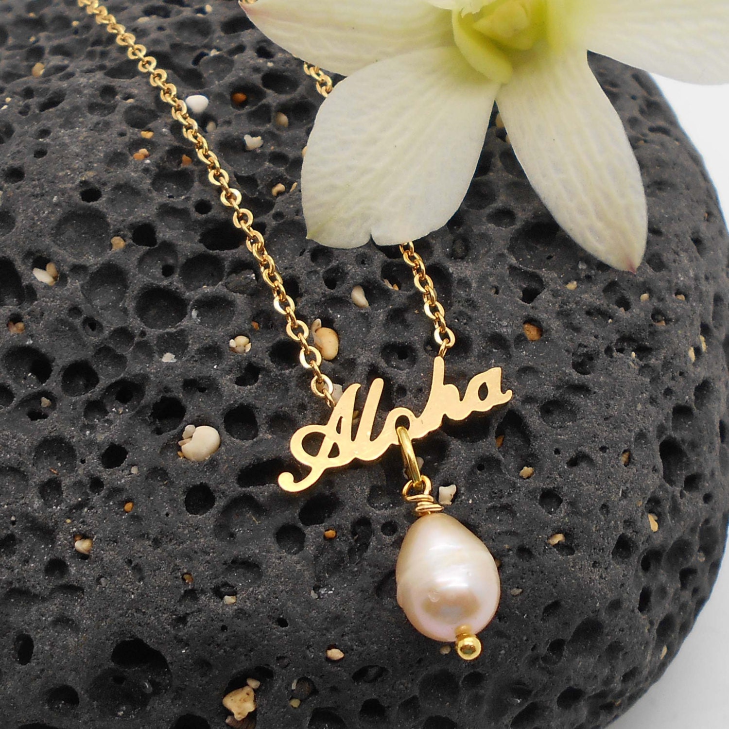 Beach Jewelry Aloha and Pink Pearl Necklace Beach Jewelry | Etsy