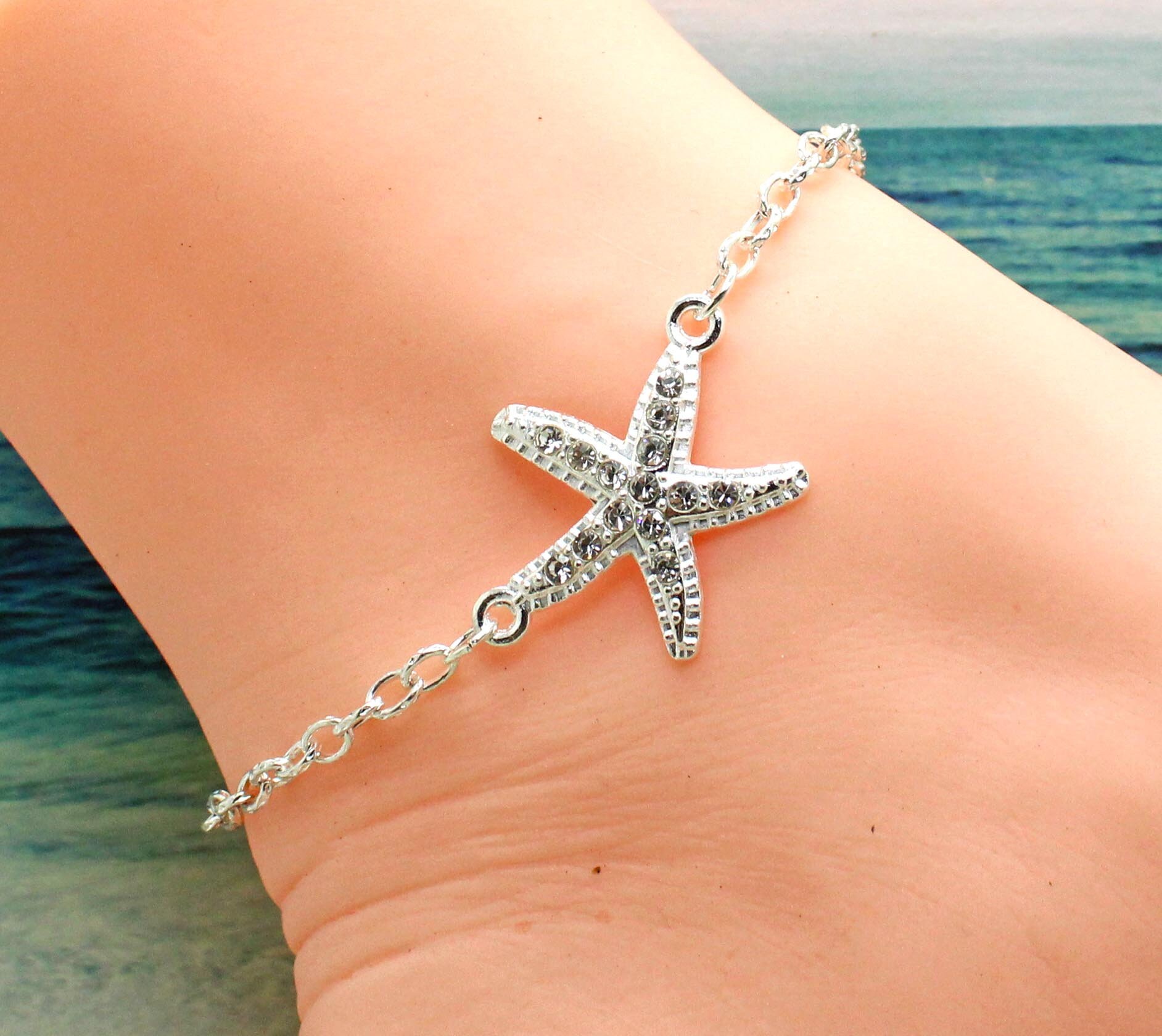 Starfish Anklet with Rhinestones in Gold or Silver Beachy | Etsy