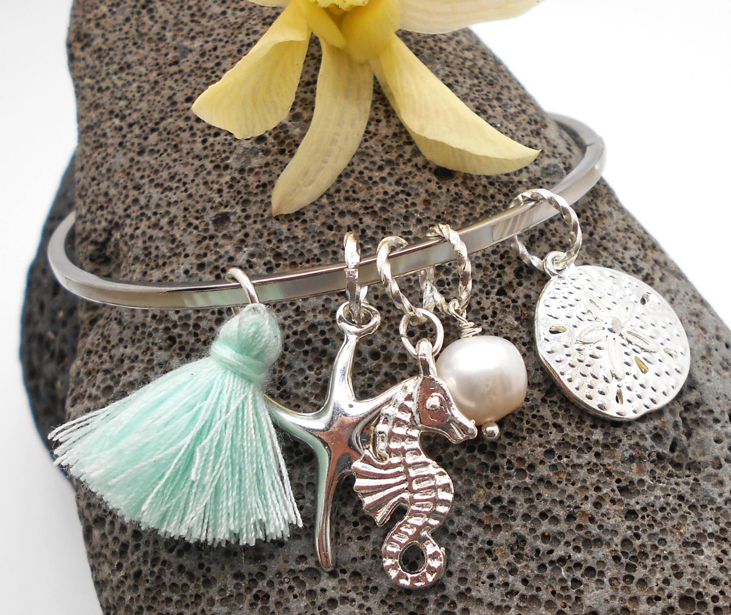 Silver Bangle Mother of Pearl Bangle With Sterling Beach | Etsy