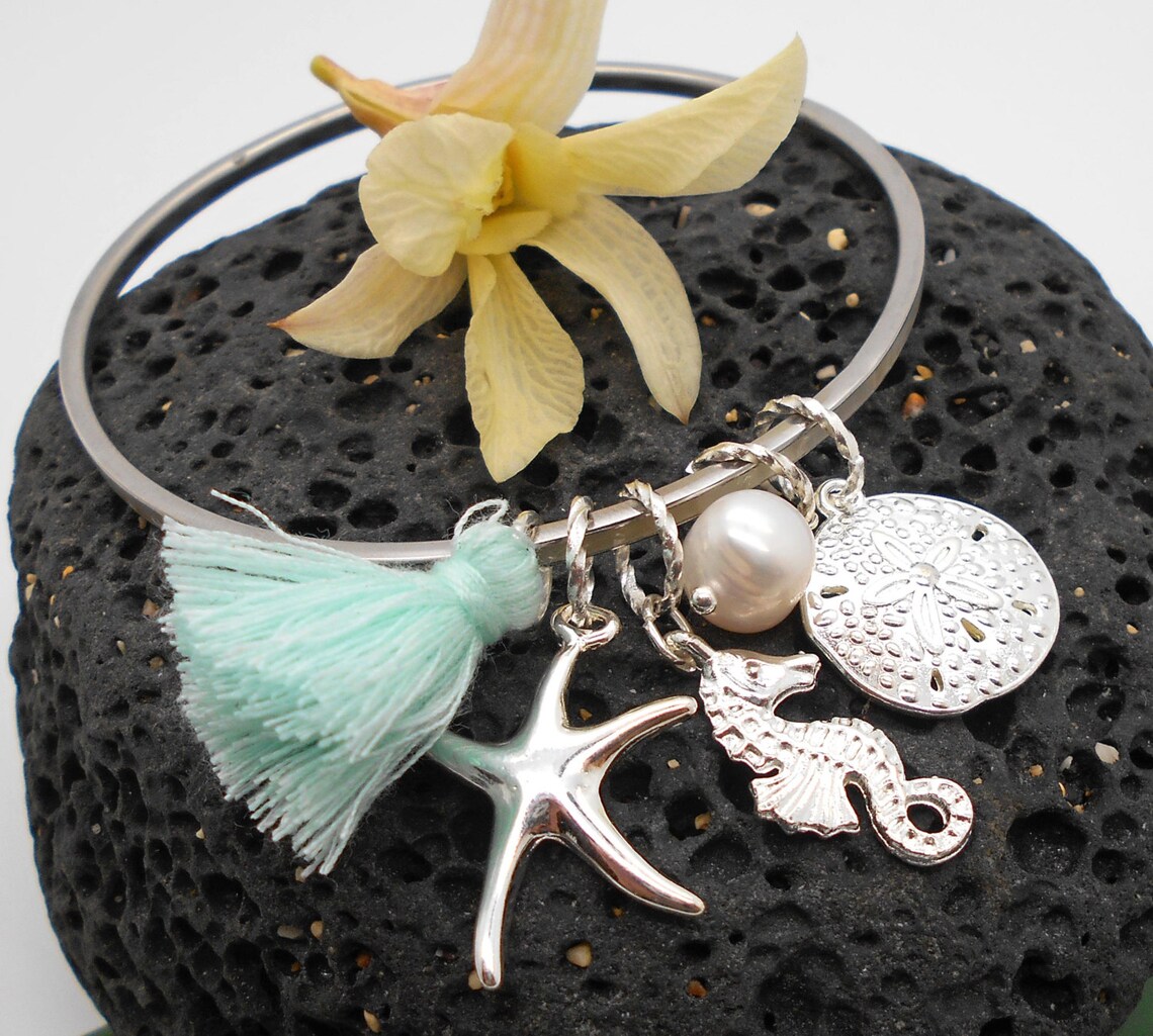 Silver Bangle Mother of Pearl Bangle With Sterling Beach - Etsy