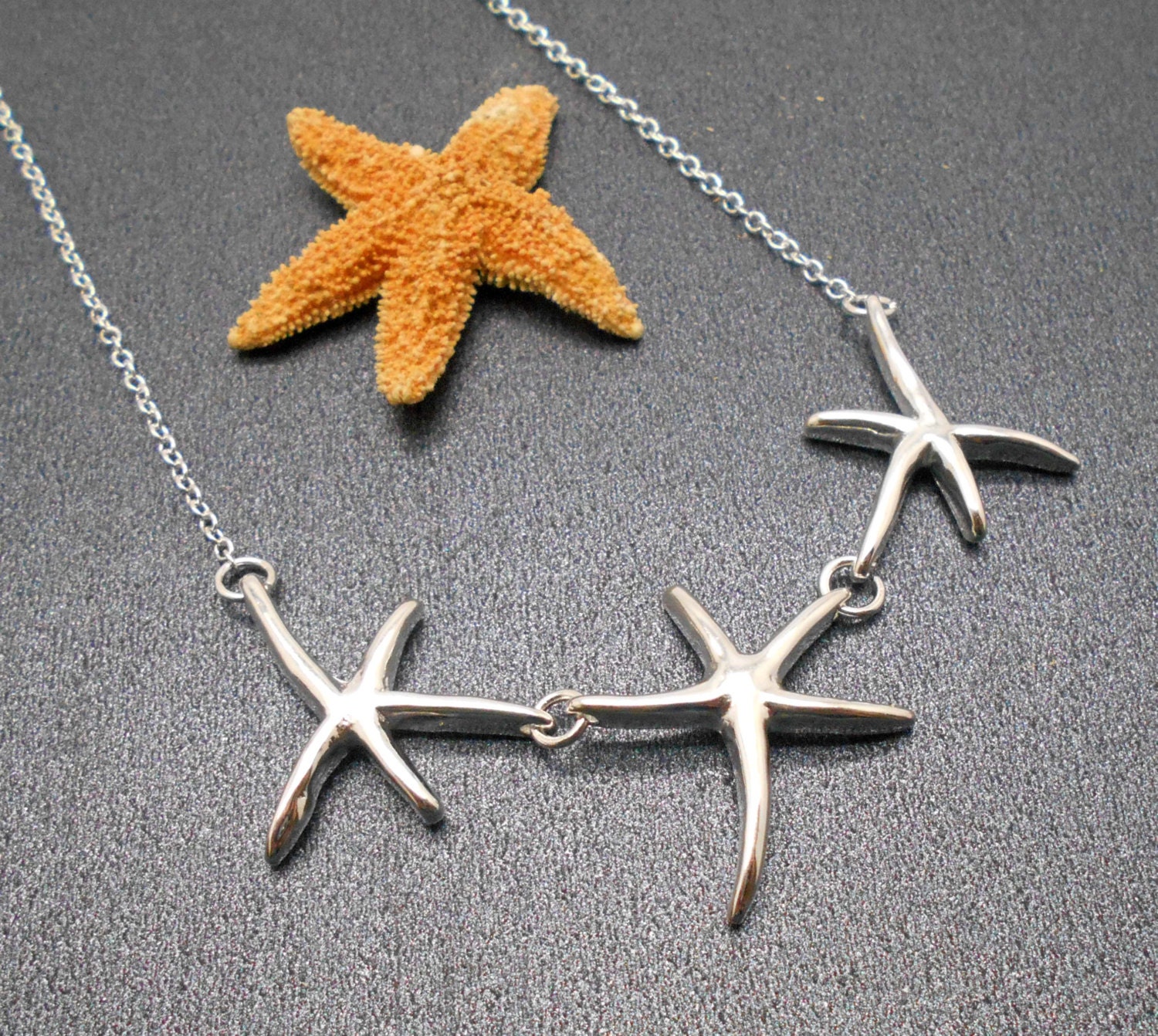 Starfish Necklace Silver Starfish Trio Necklace Beach | Etsy
