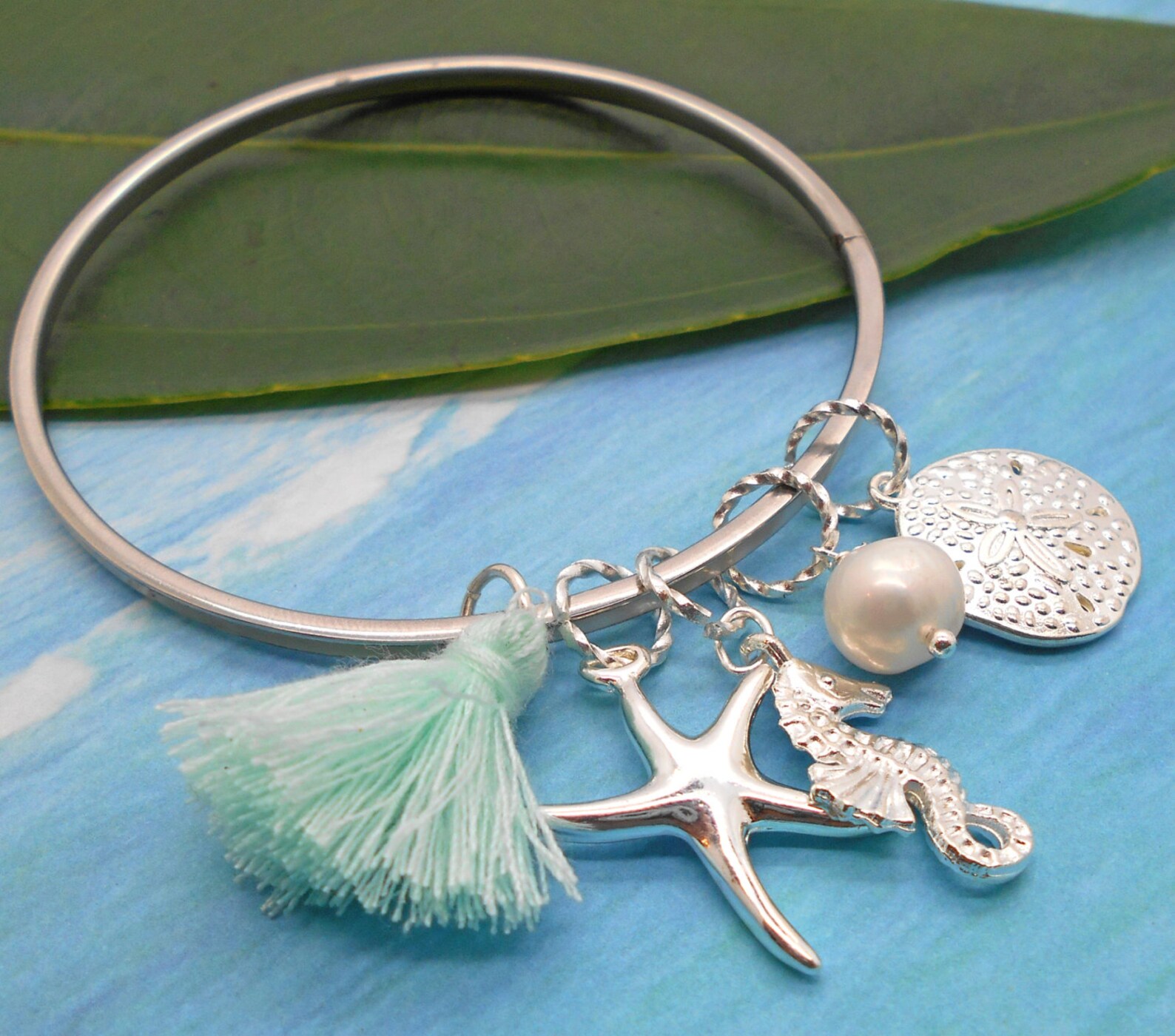 Silver Bangle Mother of Pearl Bangle With Sterling Beach | Etsy