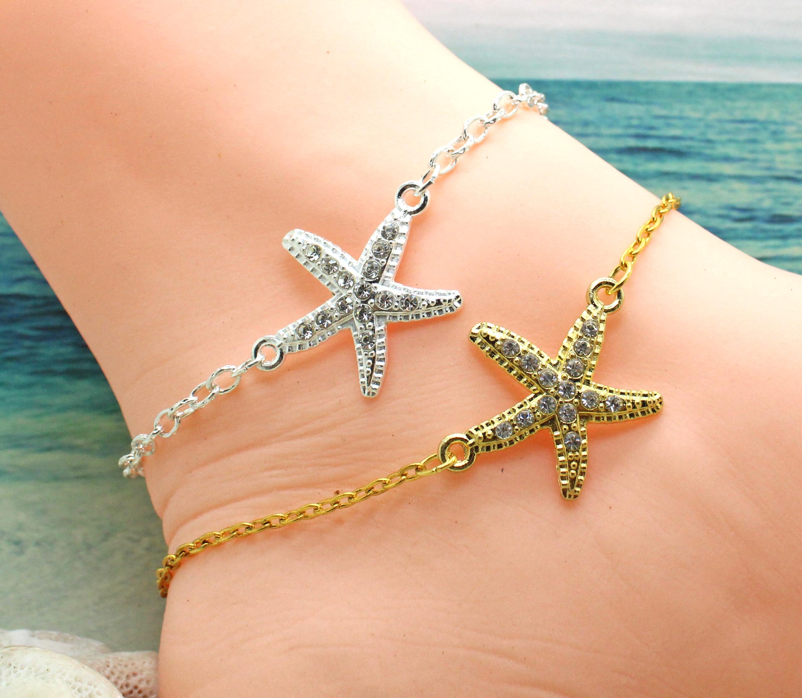 Starfish Anklet with Rhinestones in Gold or Silver Beachy | Etsy
