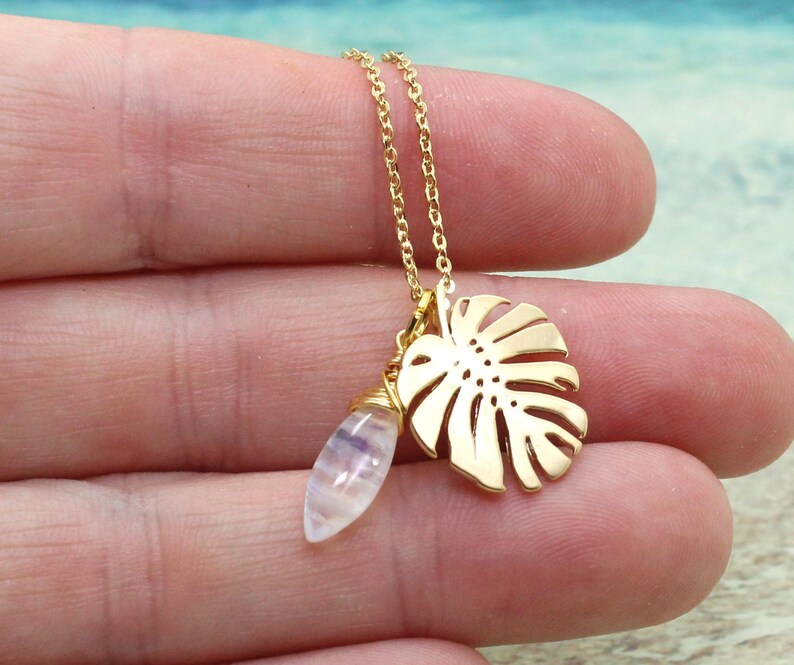 Gold Monstera Leaf Necklace With Wire Wrapped Moonstone Charm | Etsy