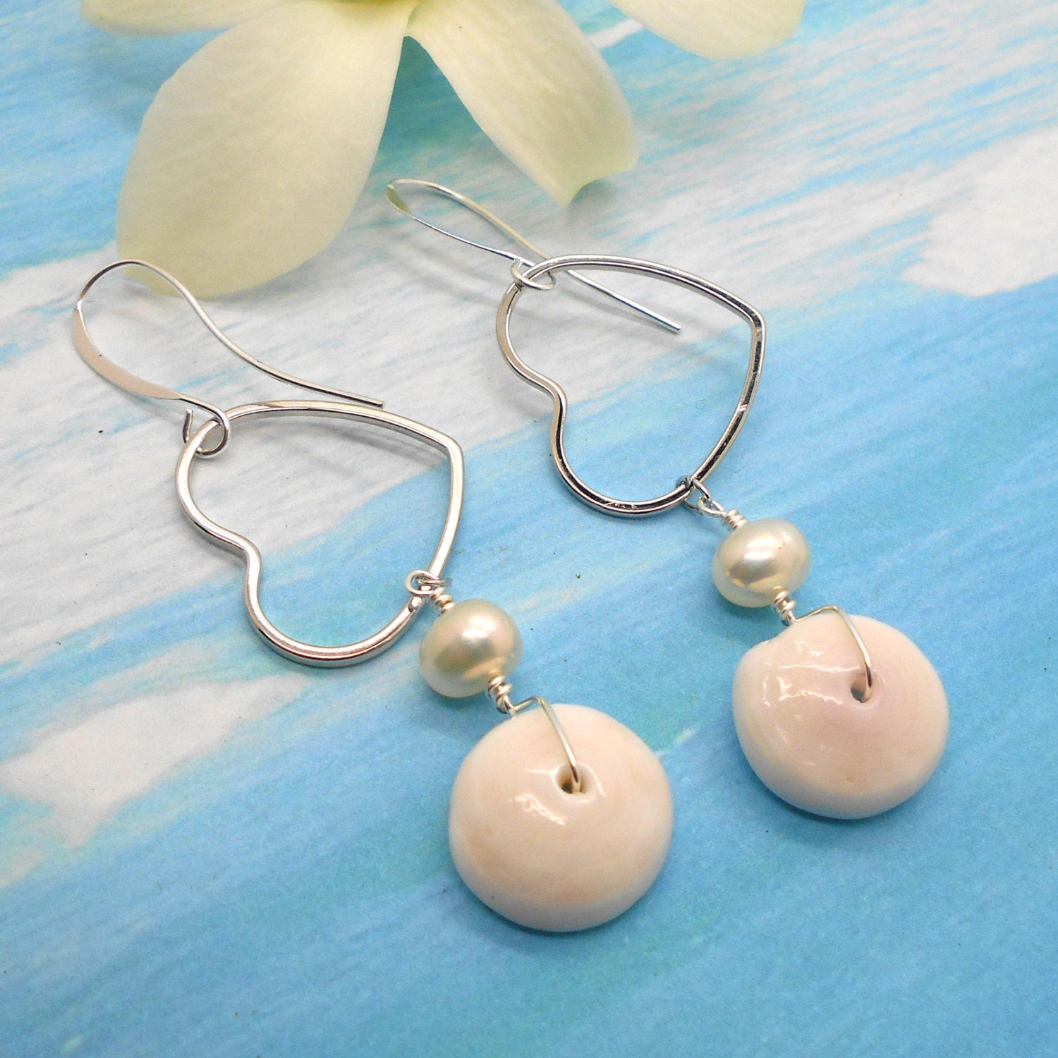 Puka Shell Earrings Heart Earrings Dangle Earrings Beach | Etsy