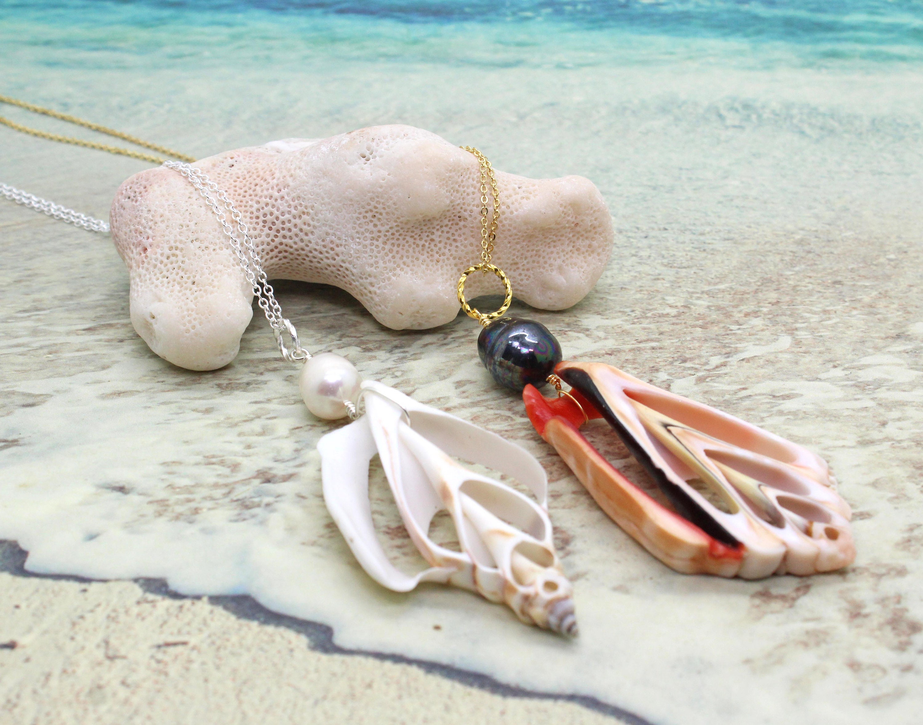 Large Shell Slice Necklace With Freshwater Pearl Sea Shell | Etsy