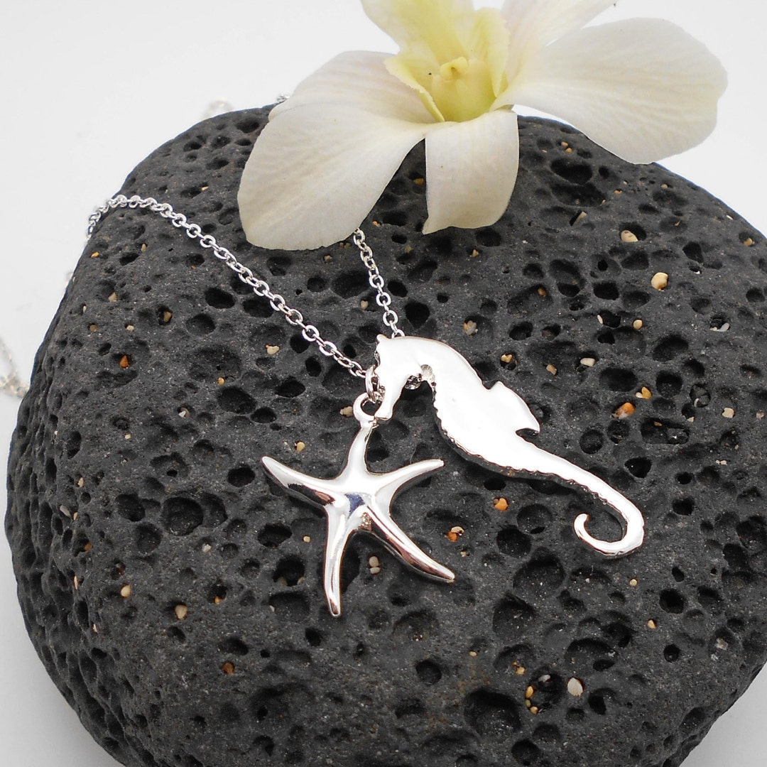 Beach Jewelry, Silver Seahorse and Starfish Necklace Bridesmaid, Beach ...