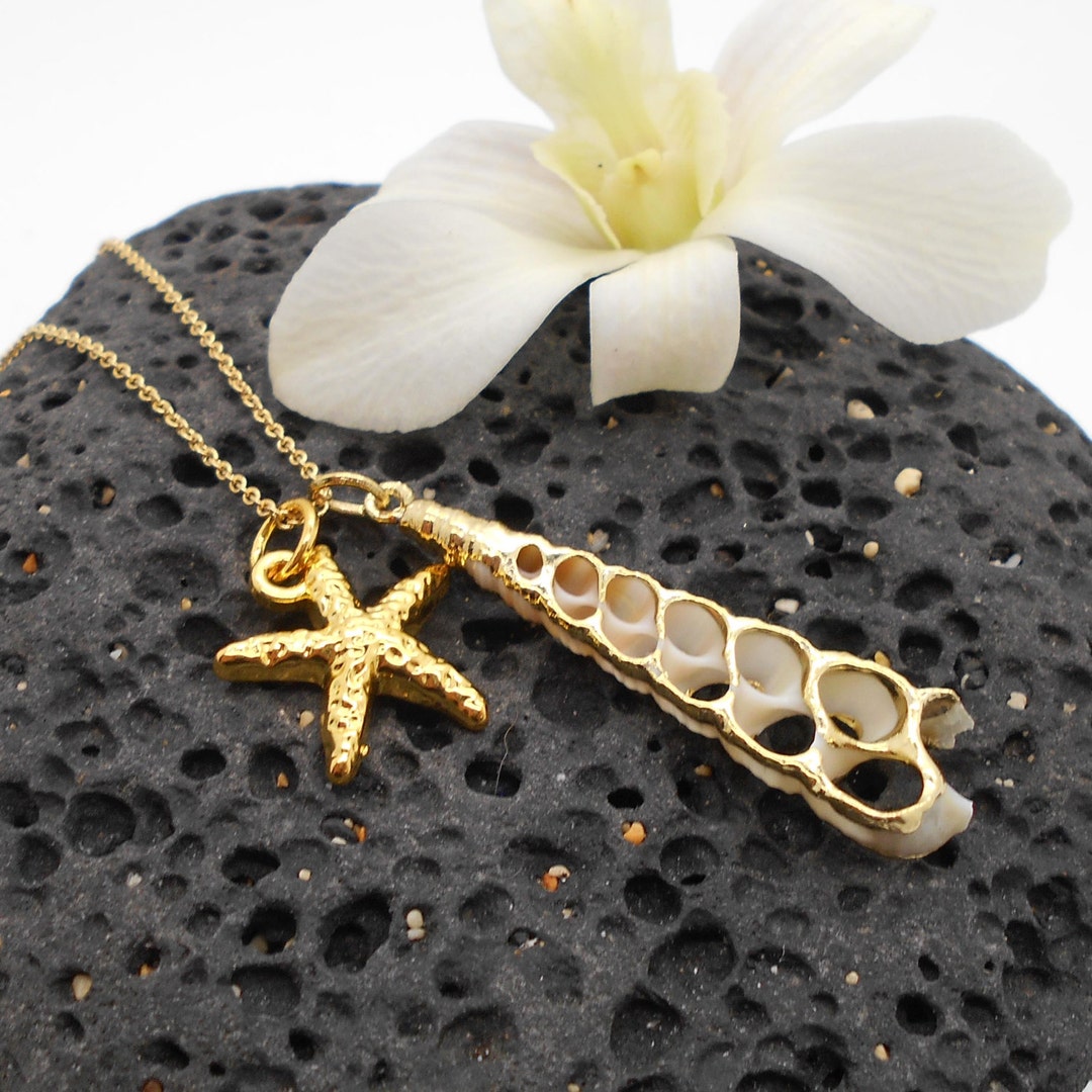 Beach Jewelry, Shell and Starfish Gold Necklace Bridesmaid, Beach ...