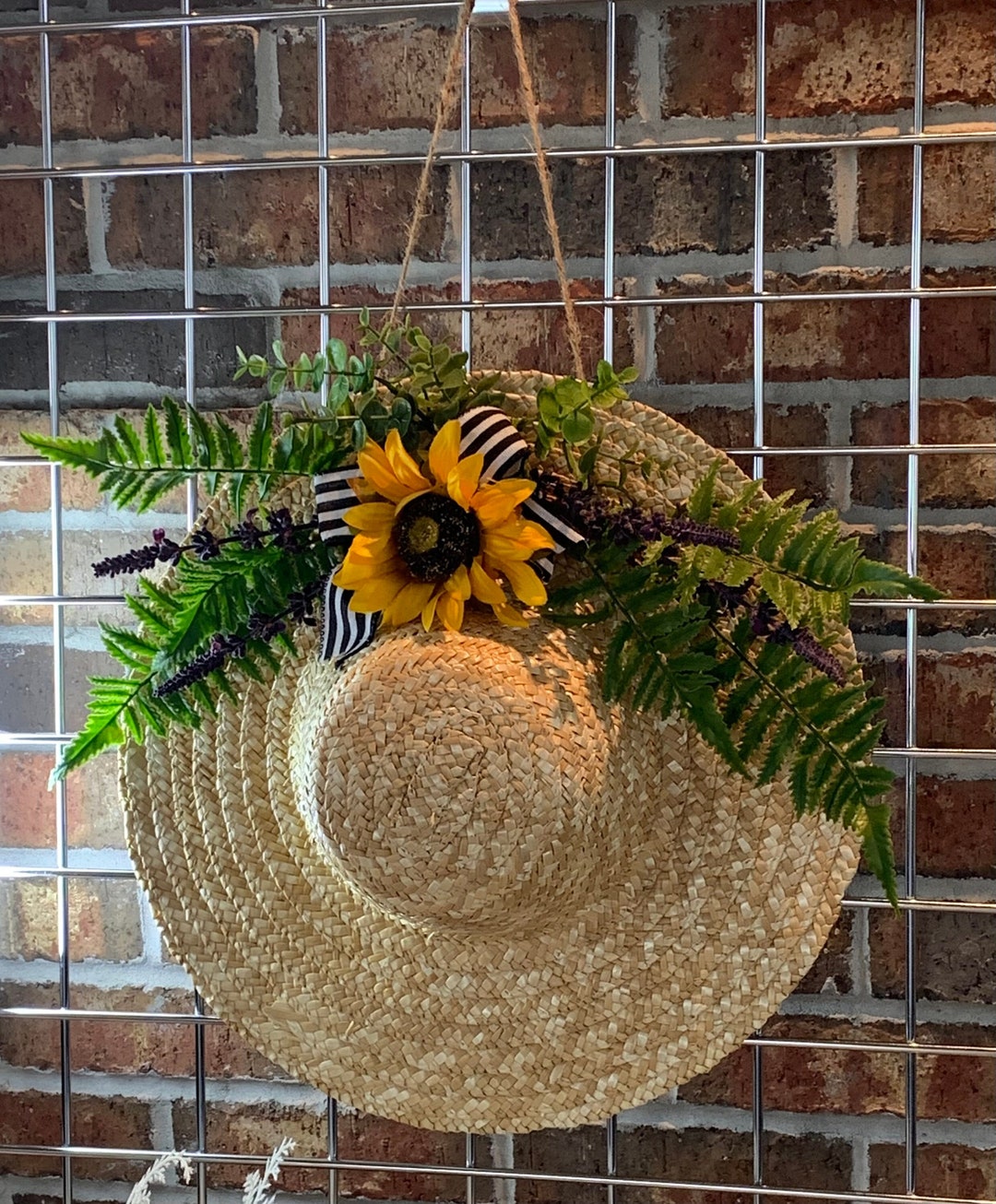 Wall Decor Door Wreath Sunflower Straw Hat Black/white Striped Ribbon ...