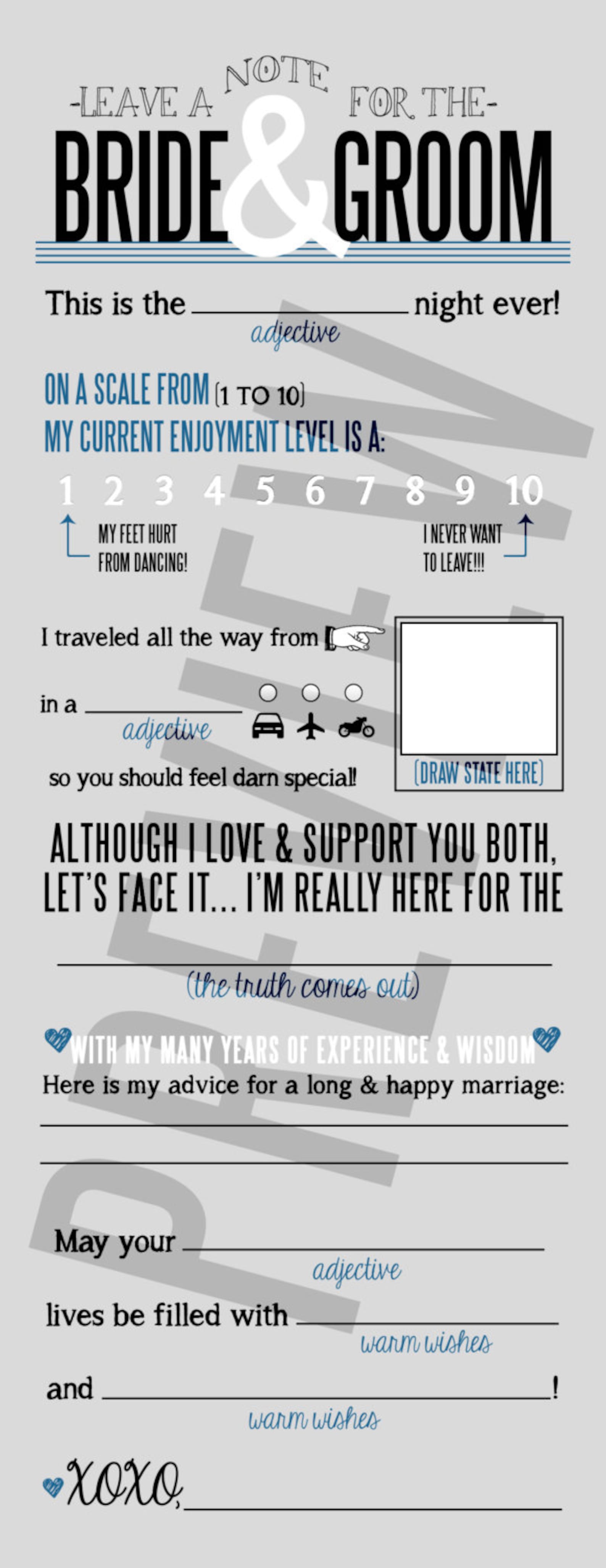 Wedding Note to Bride & Groom - DIY - INSTANT DOWNLOAD (digital File ...
