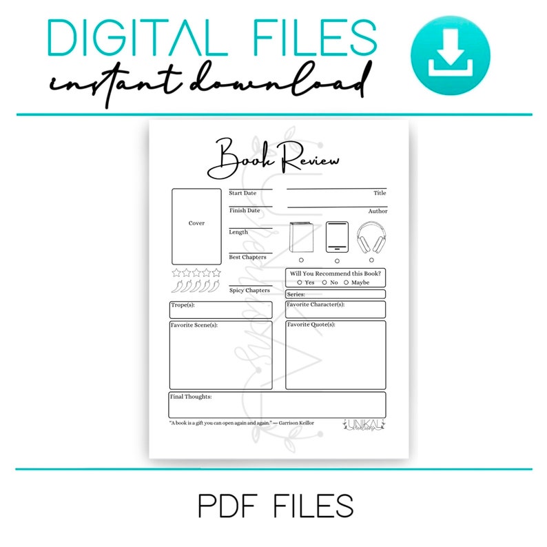 Book Review | Printable Digital File | Instant Digital Download, PDF ...