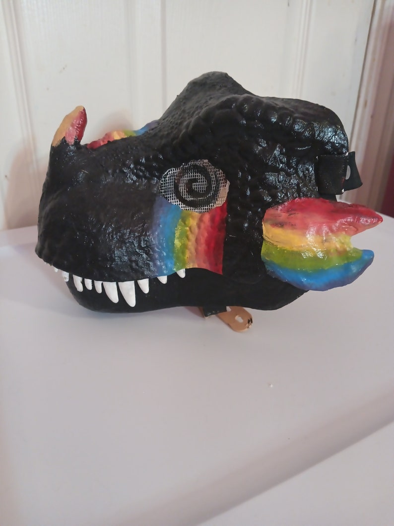 T Rex Dino Mask Premade With Moving Jaw Black Rainbow and Cool Color ...