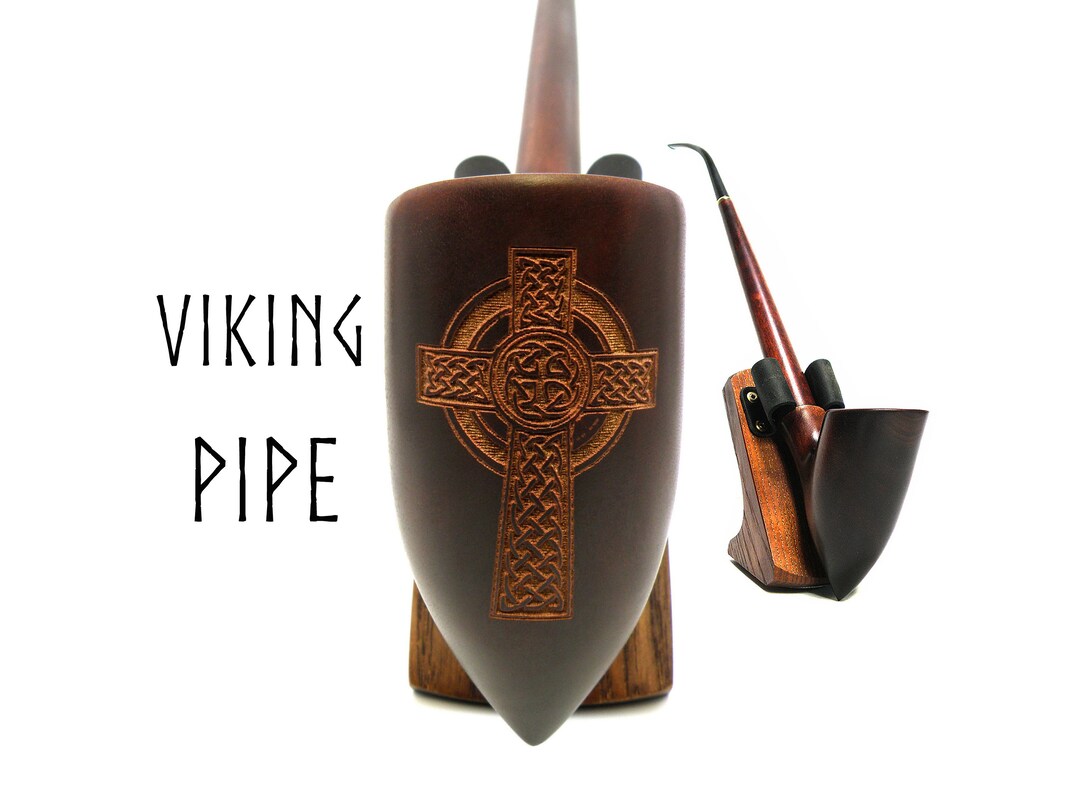 Viking Pipe Wooden Smoking Pipe Celtic Cross Pipe With a Long Stem Vegvisir Nordic Pipe for ...