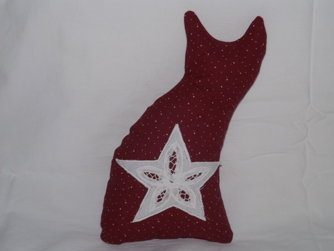 Stuffed Cat With Star, Burgundy Cat Pillow, Battenburg Lace Star ...