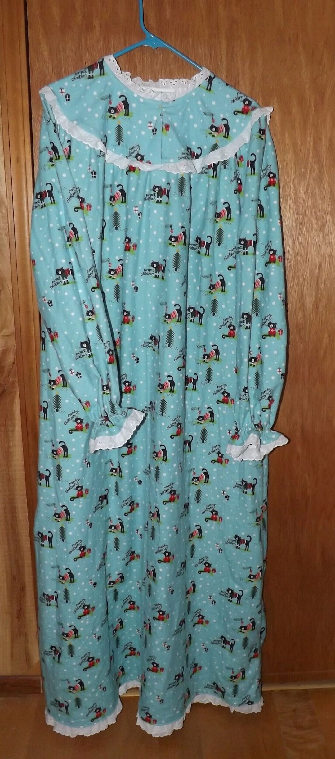 Flannel Cats Nightgown, Size Large 16-18, Aqua, Black & Red, Christmas ...