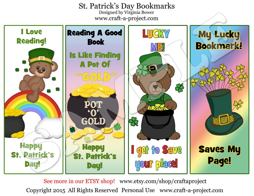 St. Patrick's Day Bookmarks - Pot O' Gold - Four Leaf Clover ...
