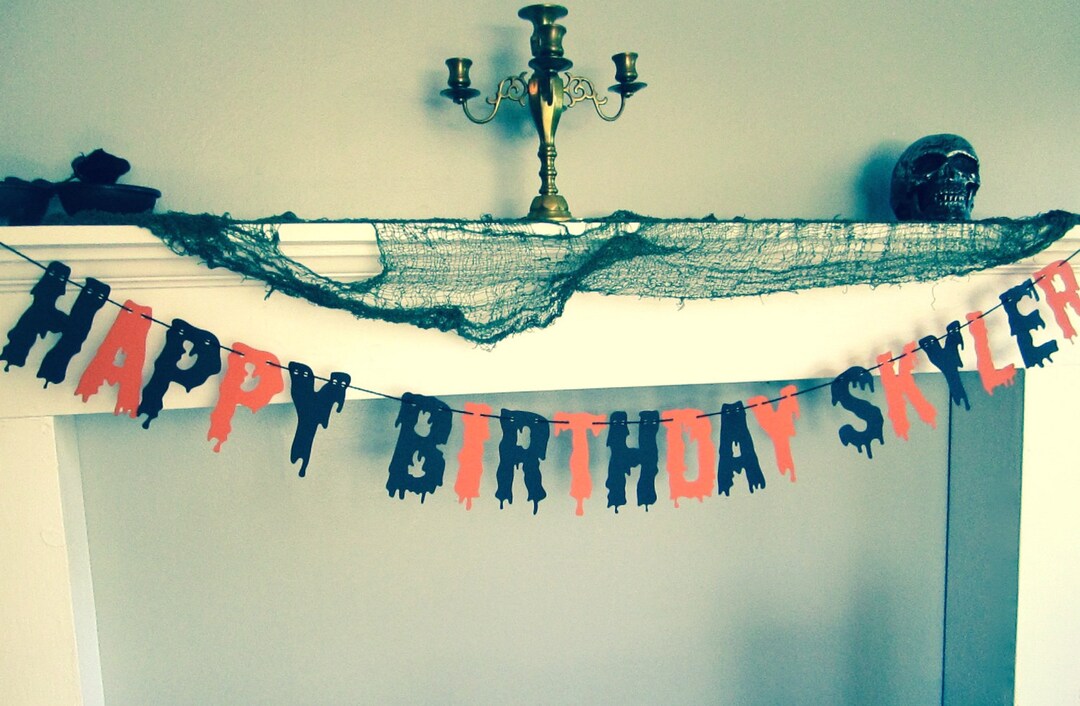 Halloween Birthday, Black and Orange or Custom, Happy Birthday Banner ...