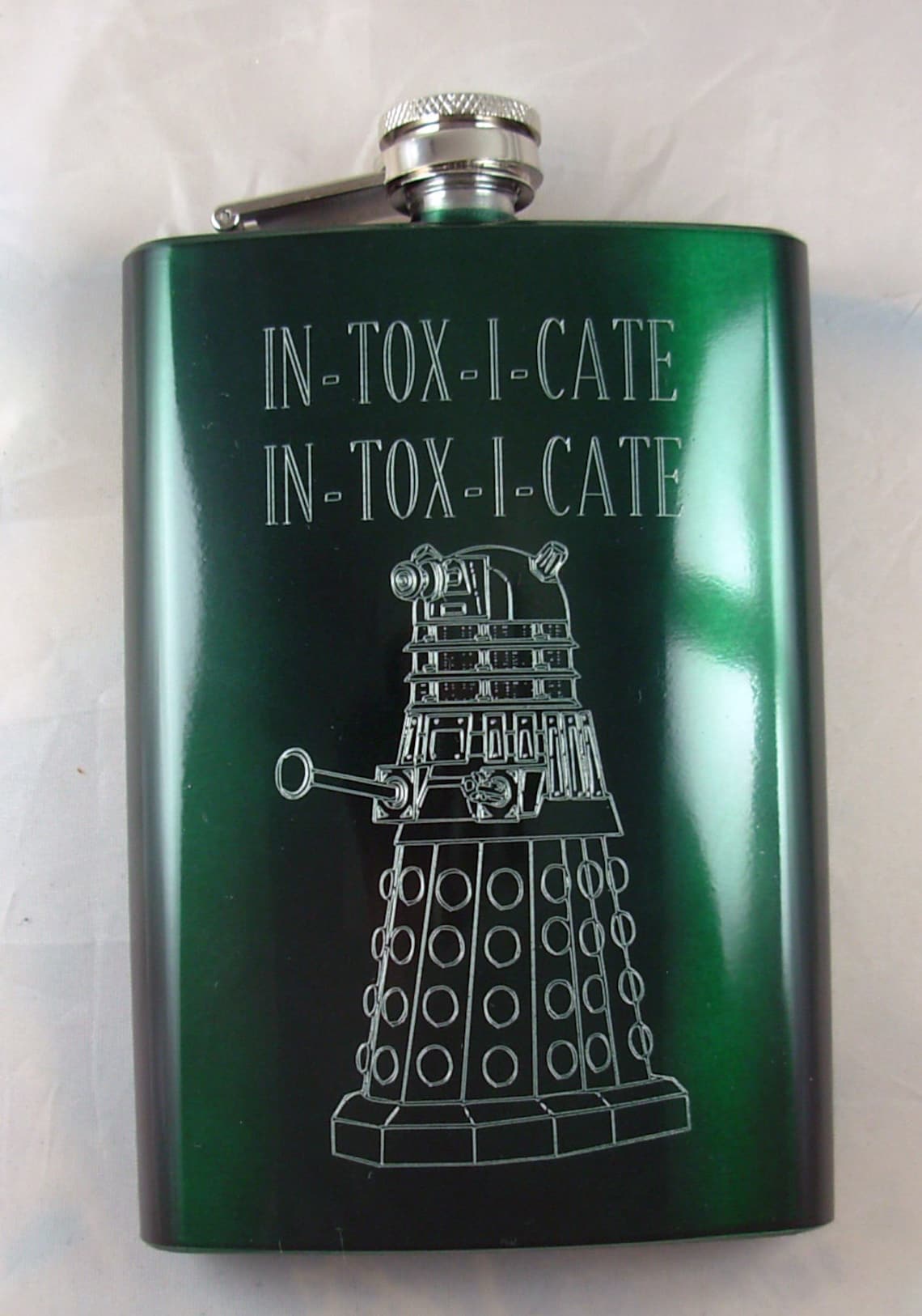 DALEK FLASK Green Engraved Dalek and the Words Intoxicate - Must See ...