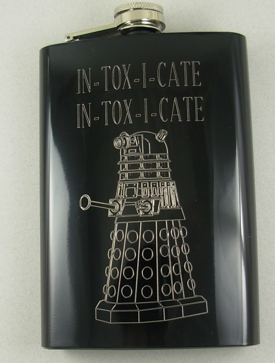 DALEK FLASK Black Engraved Dalek and the Words Intoxicate - Etsy