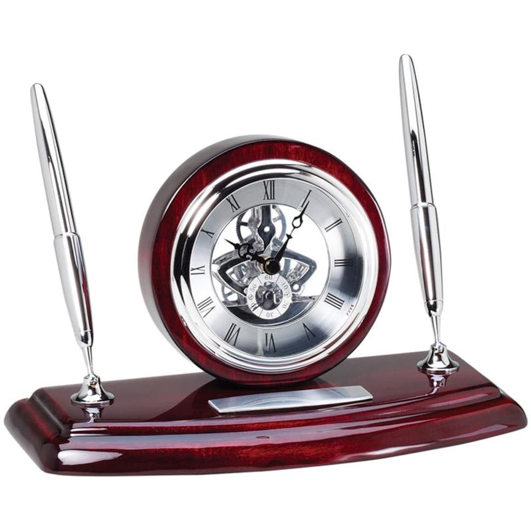 Desk Clock With Pen and Engraving Plate Piano Finish Rosewood Silver ...