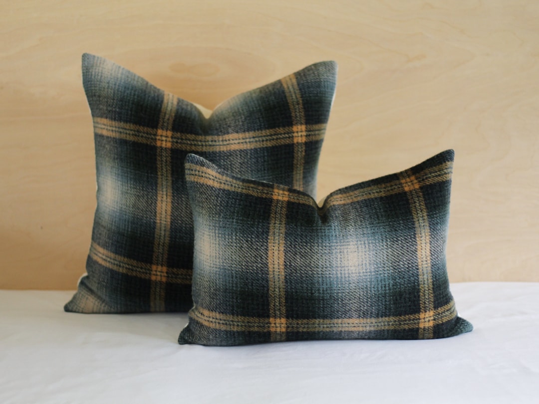 Townsend Plaid Pillow Cover, Shale Blue and Gold Plaid Wool Pillow ...