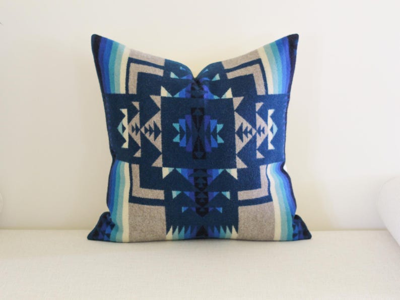 20x20 Chief Joseph Aegean Wool Pillow Cover, Blue and Black ...