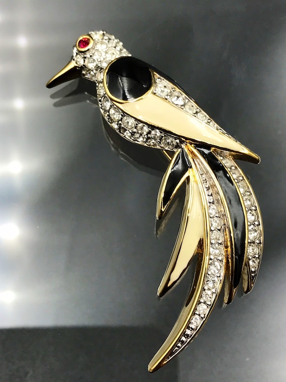 Vintage D’orlan Bird Black & White Enamel Red Sparkly… - Gem