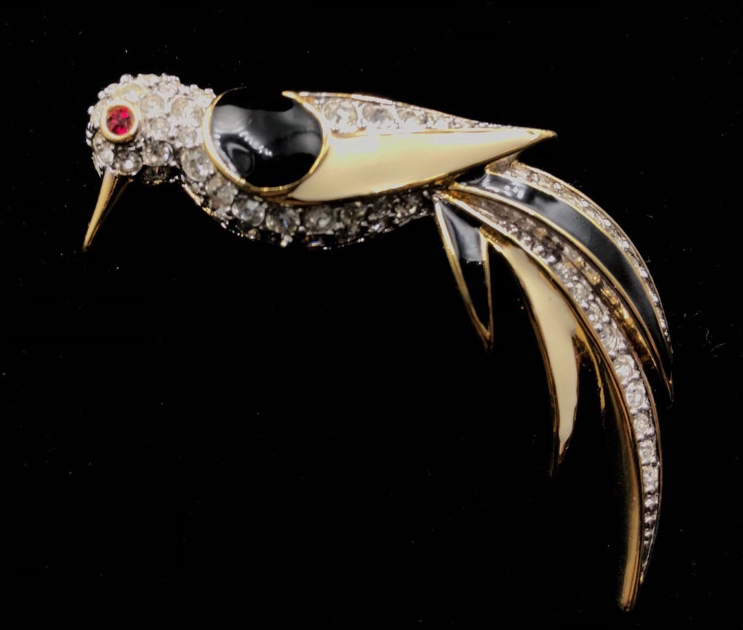 Vintage D’orlan Bird Black & White Enamel Red Sparkly Bin Brooch - Read ...