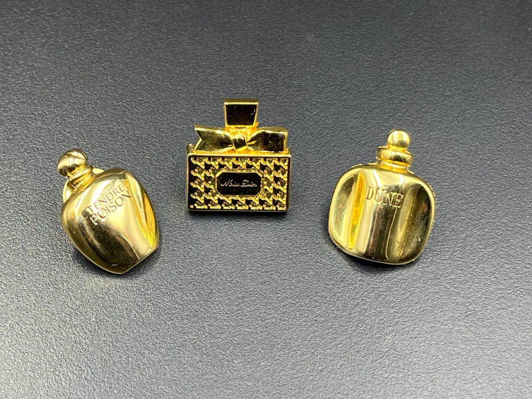 Vintage Christian Dior Perfume Bottle Pin Badge Set Poison Miss Dior ...
