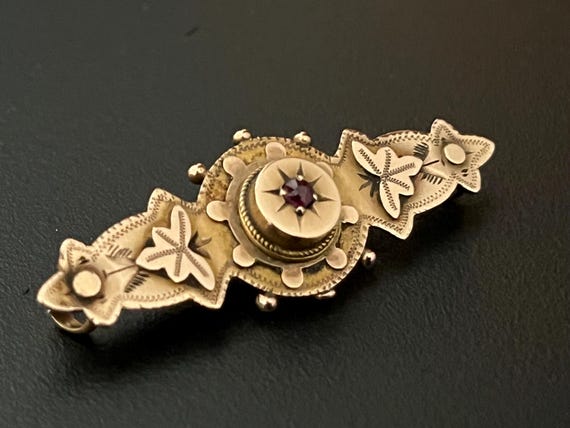 Antique Victorian 9ct Gold Ruby Brooch Pin Signed - Gem