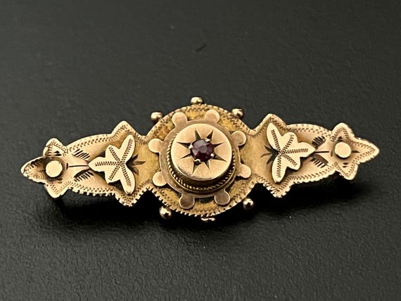 Antique Victorian 9ct Gold Ruby Brooch Pin Signed - Gem