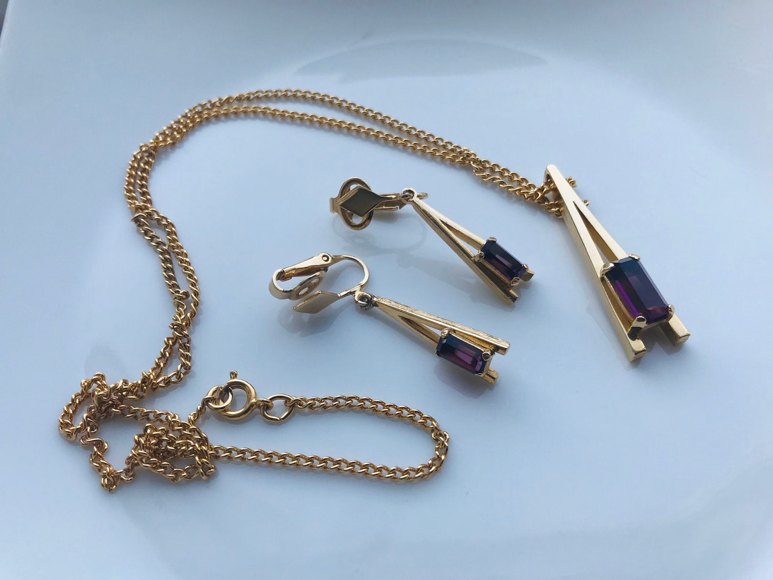 Avon Gold Tone Emerald Cut Faux Amethyst Necklace and Matching - Etsy ...