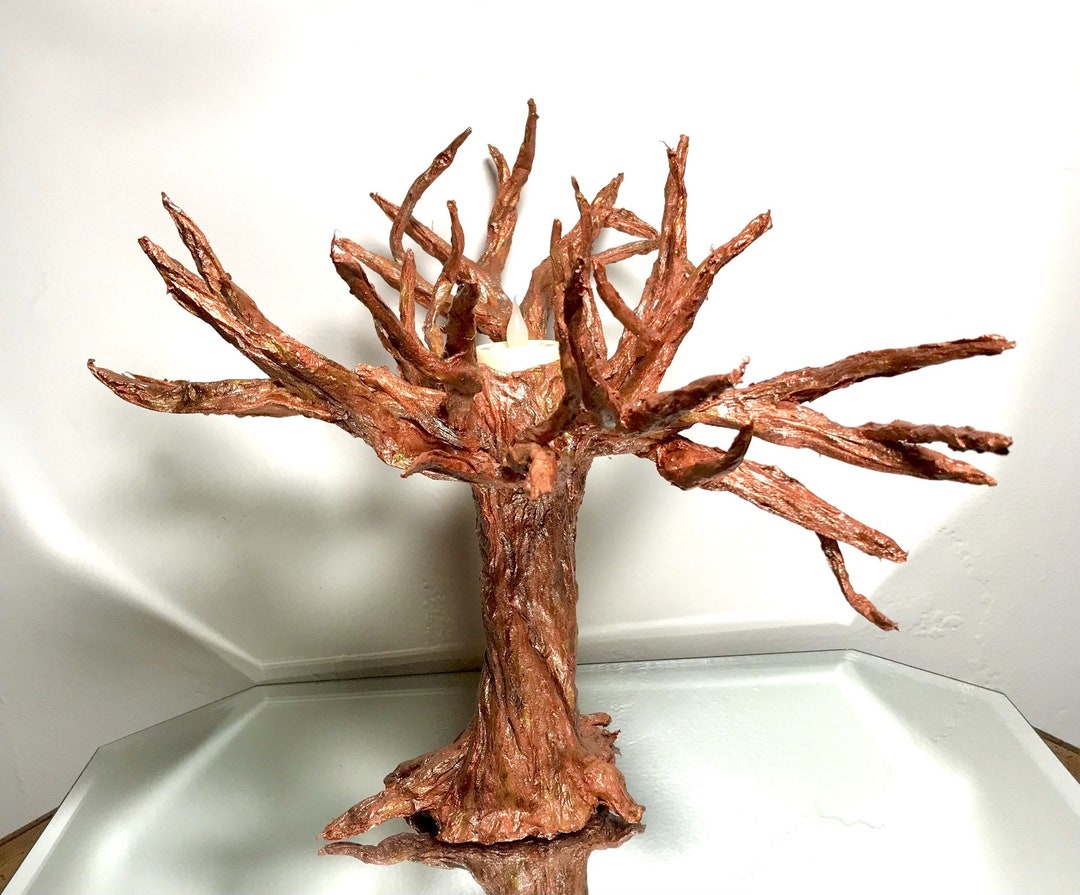 Fall Copper Toned Paper Mache Tree Tea Candle Holder - Etsy