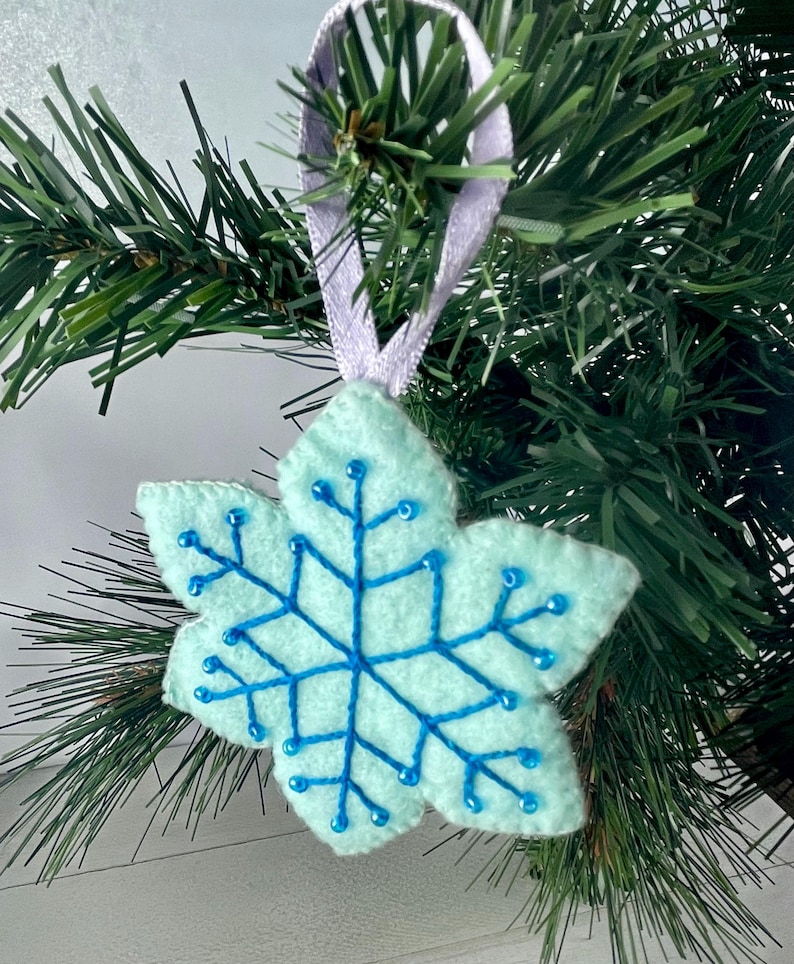 Handmade Light Blue Felt Snowflake Ornament: Embroidered Holiday Decor ...