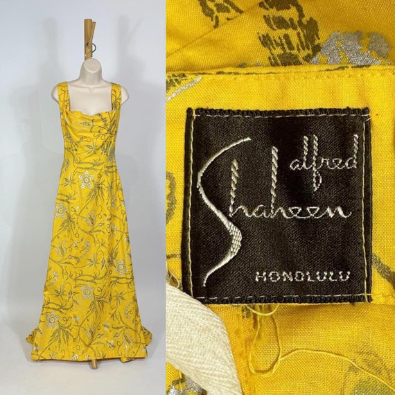 1950s Alfred Shaheen Yellow Floral Bow Back Gown - Gem
