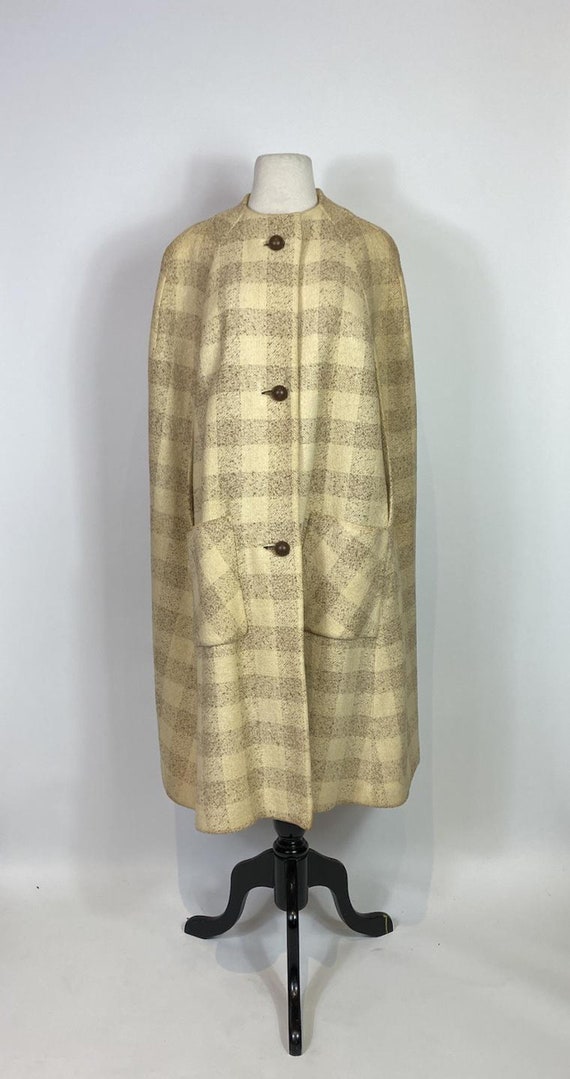 1960s Cream Plaid Wool Cape Coat by Netherland Fashio… - Gem