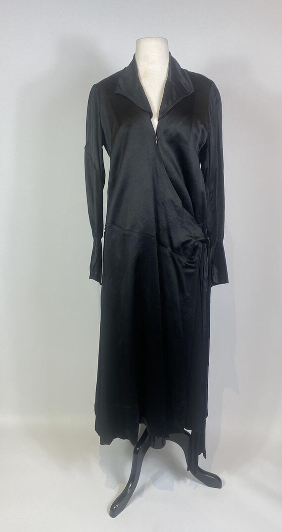 1920s Black Silk Satin Long Sleeve Wrap Flapper Dress - Gem